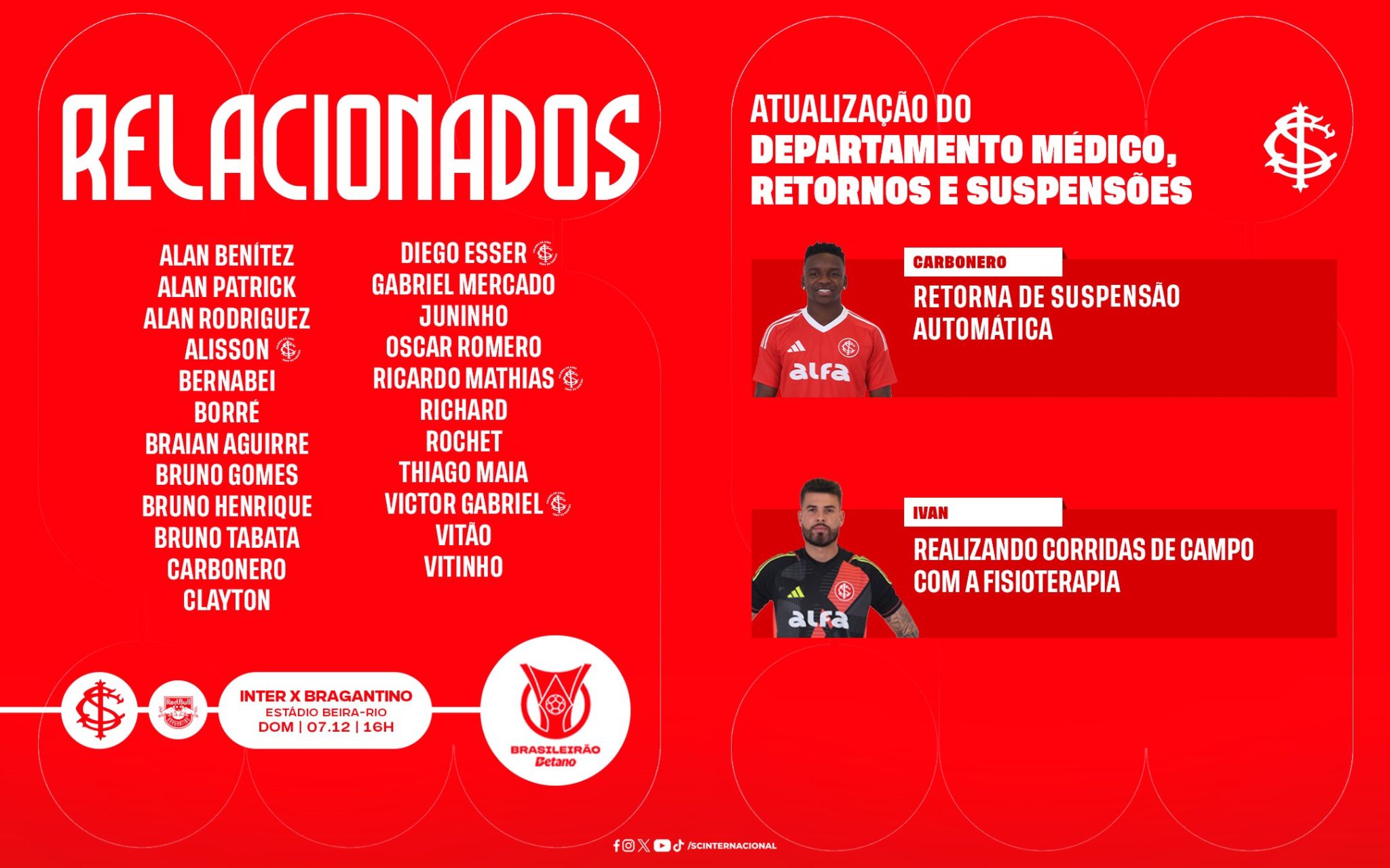 Com retorno, Inter divulga relacionados para o jogo da vida contra o ...